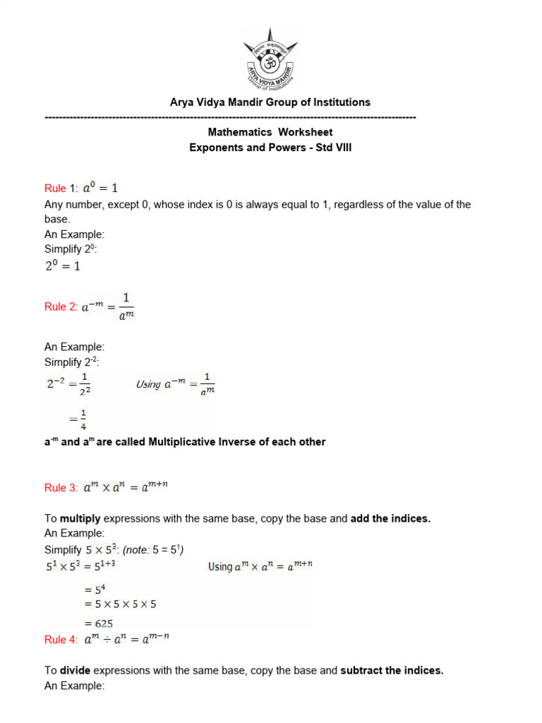 Std8__Exponents and Powers . WORKSHEET (1) | PDF | Multiplication | Elementary Mathematics