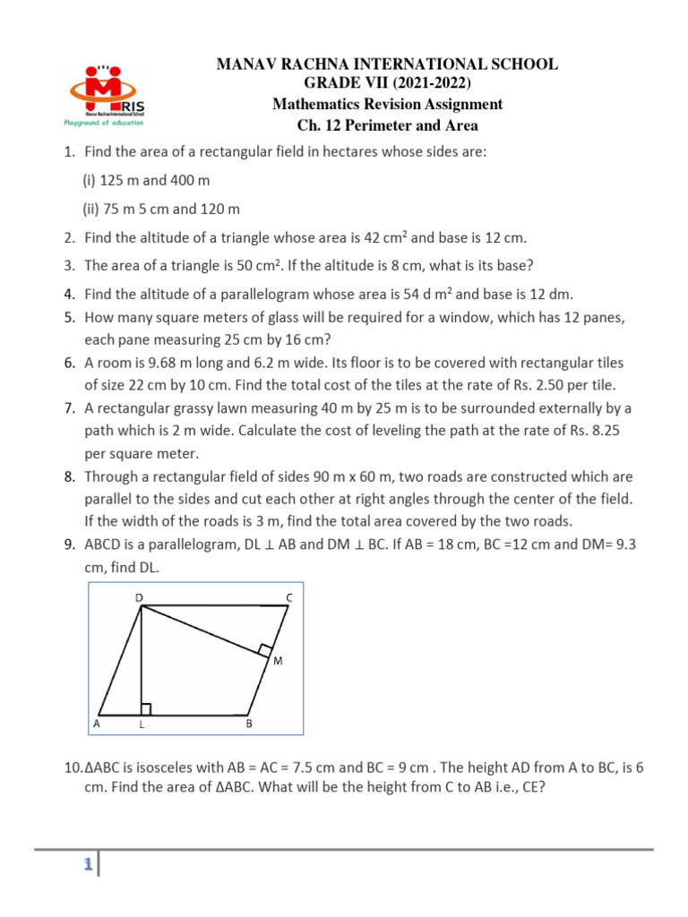 Grade VII Math: Perimeter & Area Assignment | PDF