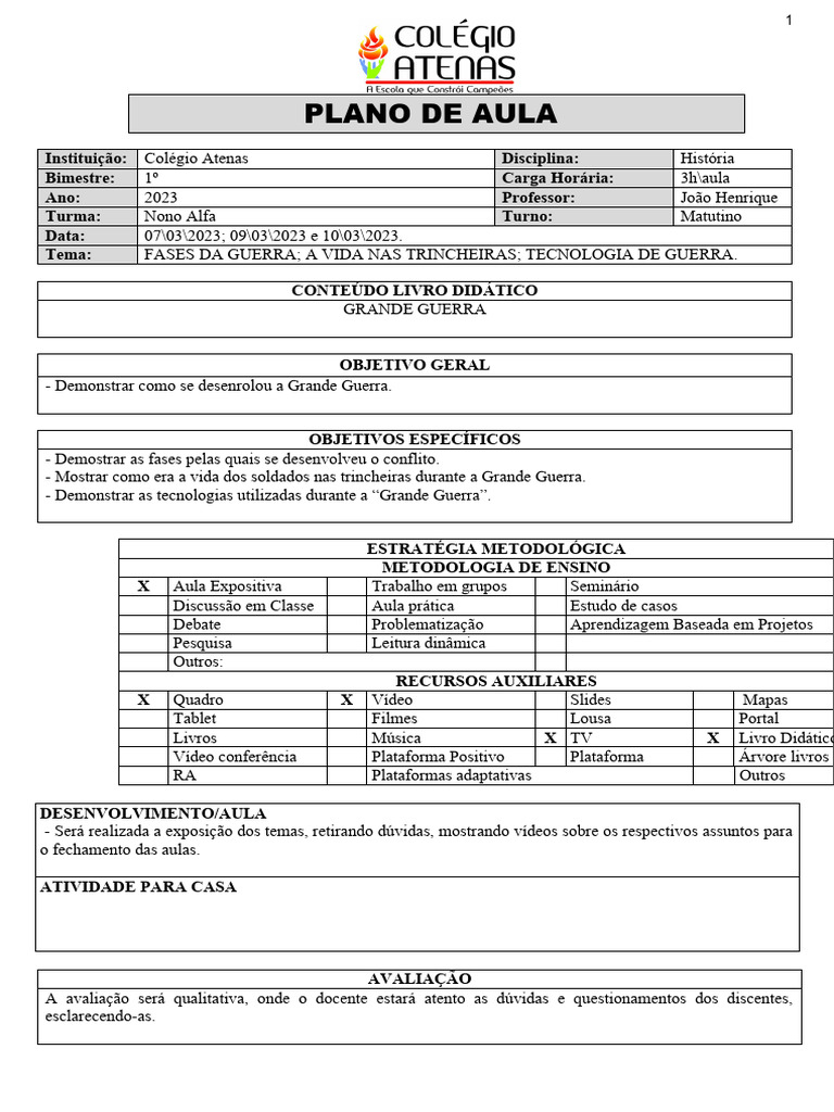 Plano de Aula - Nono Alfa (História) | PDF | Livro didático