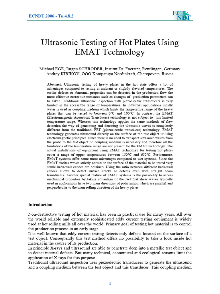 Ultrasonic Testing of Hot Plates Using EMAT Technology | PDF ...