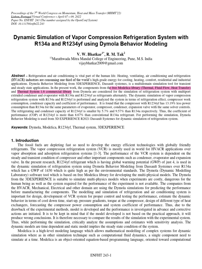 Dynamic Simulation of Vapor Compression Refrigeration System With R134a ...