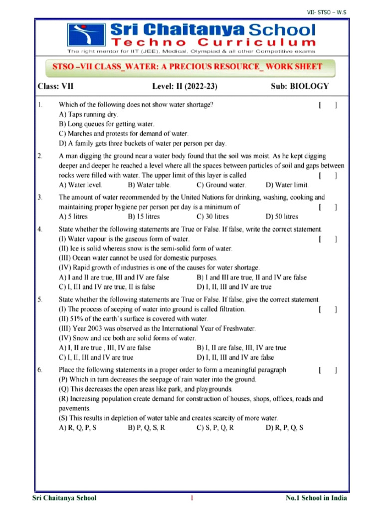 STSO, Biology WATER A PRECIOUS SOURCE Worksheet-I | PDF | Water ...