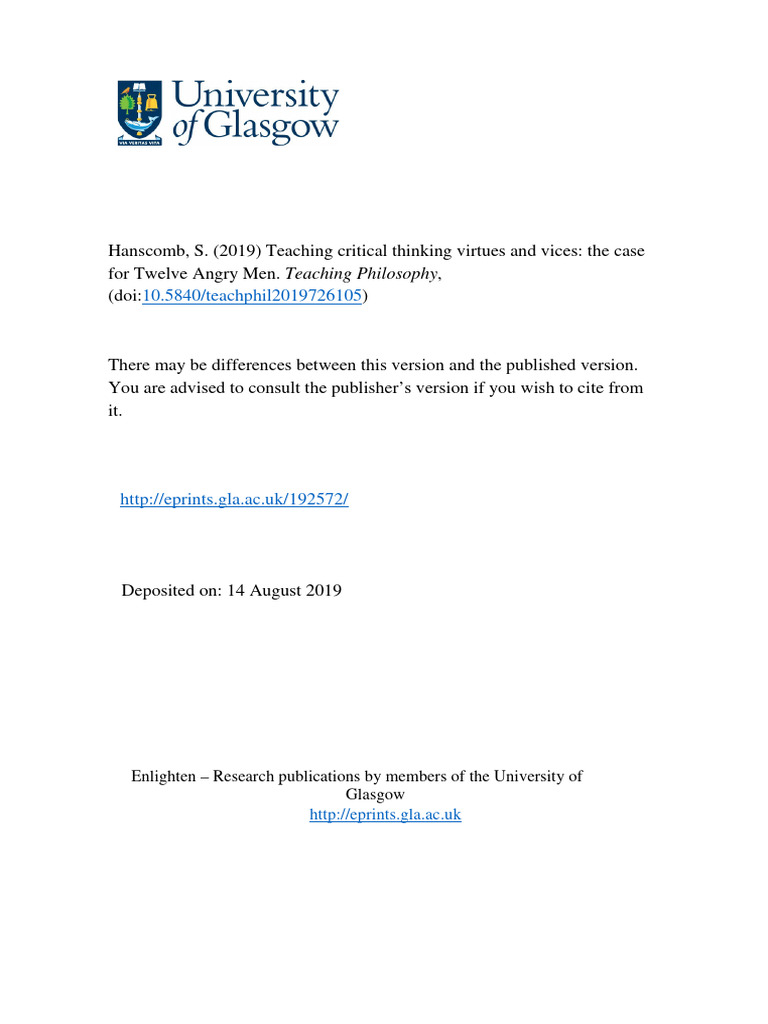 12 Angry Men - Analysis & Essay | PDF | Critical Thinking | Thought