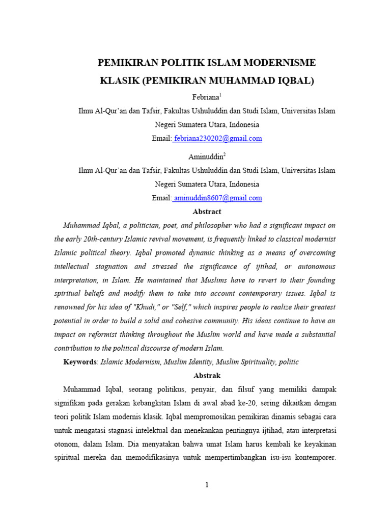 Pemikiran Politik Islam Modernisme Klasik (Pemikiran Muhammad Iqbal) | PDF