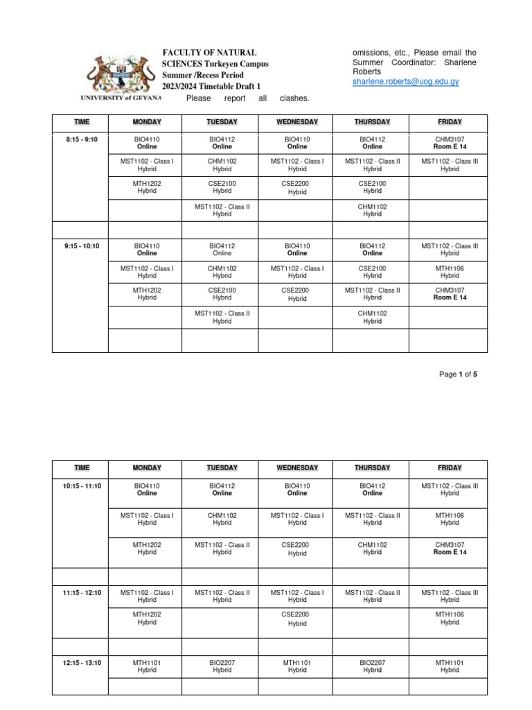 FNS Summer 2023-2024 Timetable - Draft #1 | PDF