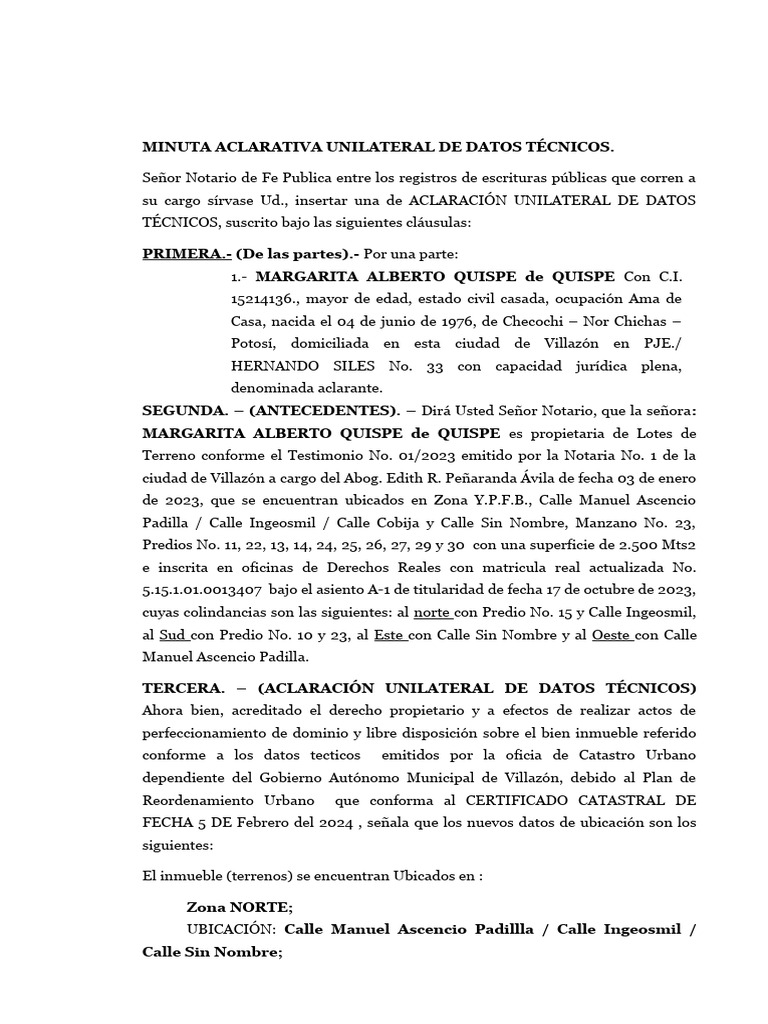MINUTA ACLARATIVA UNILATERAL DE DATOS TÉCNICOS Modelo Bolivia | PDF MINUTA ACLARATIVA UNILATERAL DE DATOS TÉCNICOS Modelo Bolivia | PDF