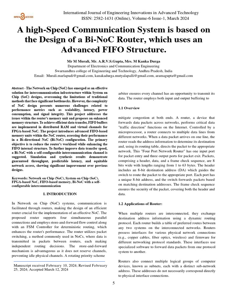 A High-Speed Communication System Is Based On The Design of A Bi-NoC Router, Which Uses An ...