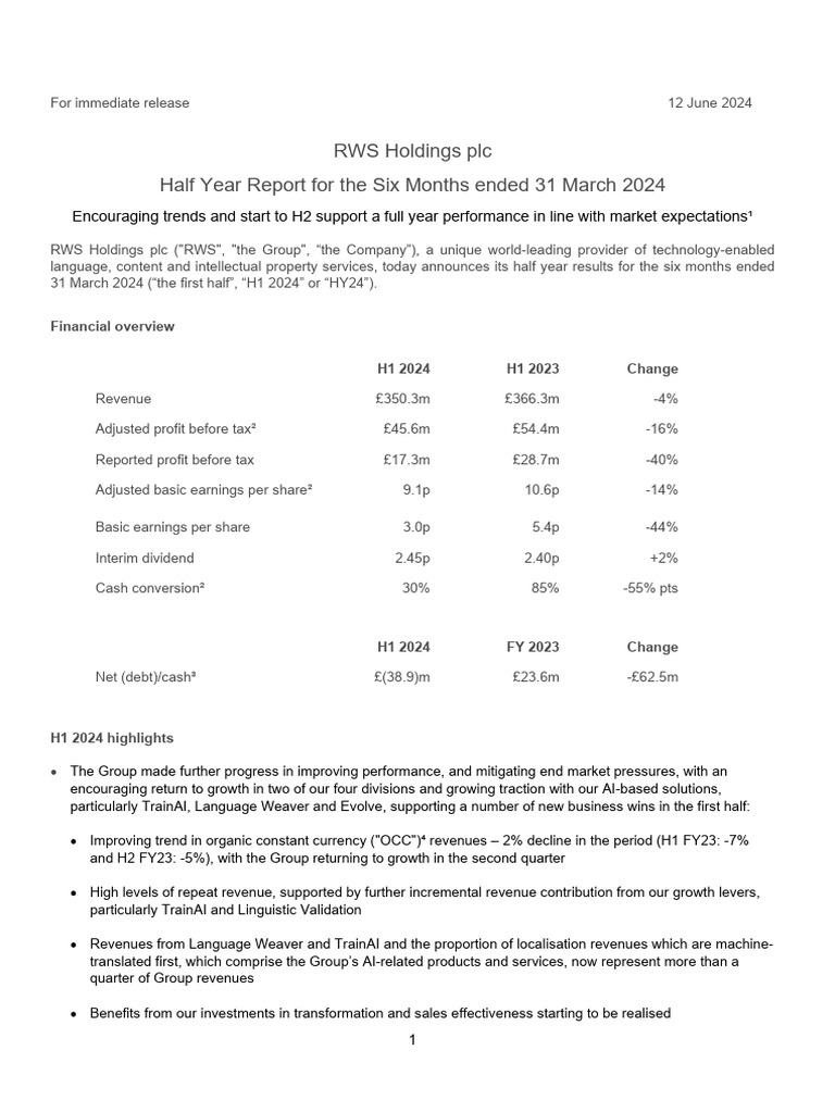 RWS HY24 Results Statement Final 240611 tcm228-252095 | PDF | Taxes ...