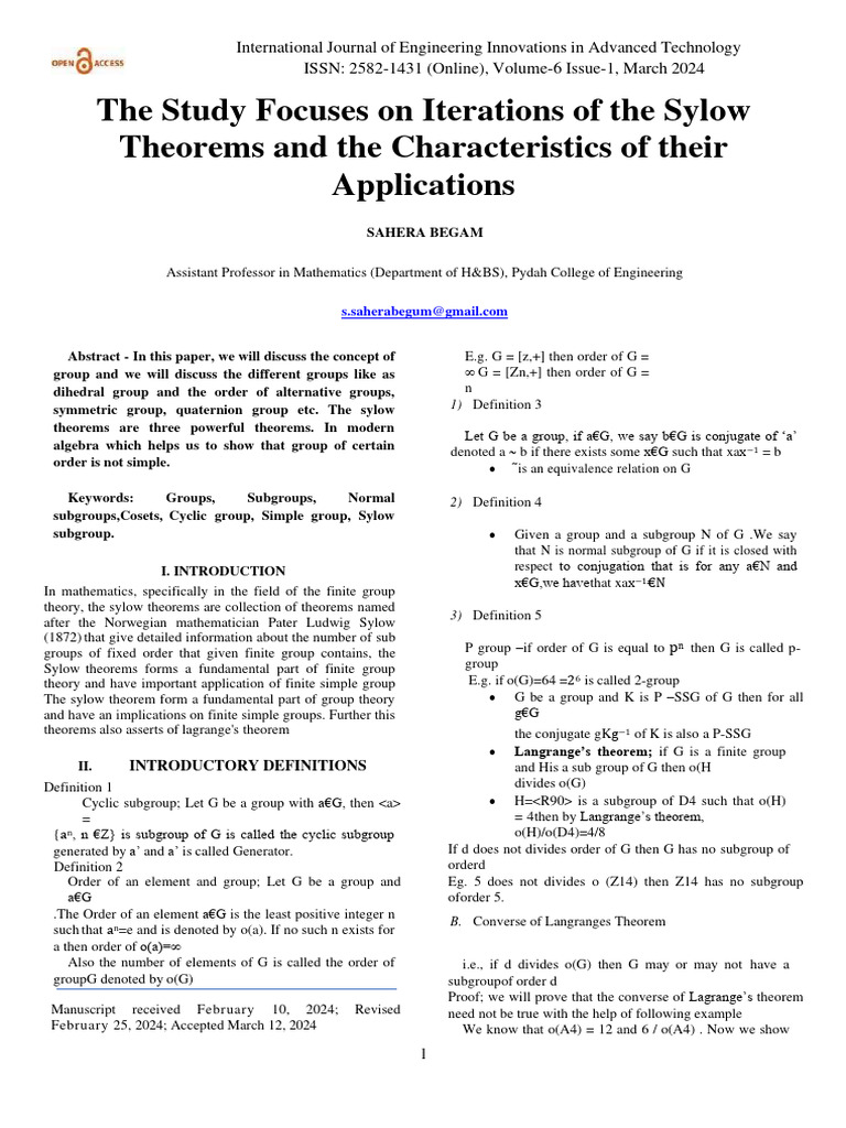 The Study Focuses On Iterations of The Sylow Theorems and The Characteristics of Their ...