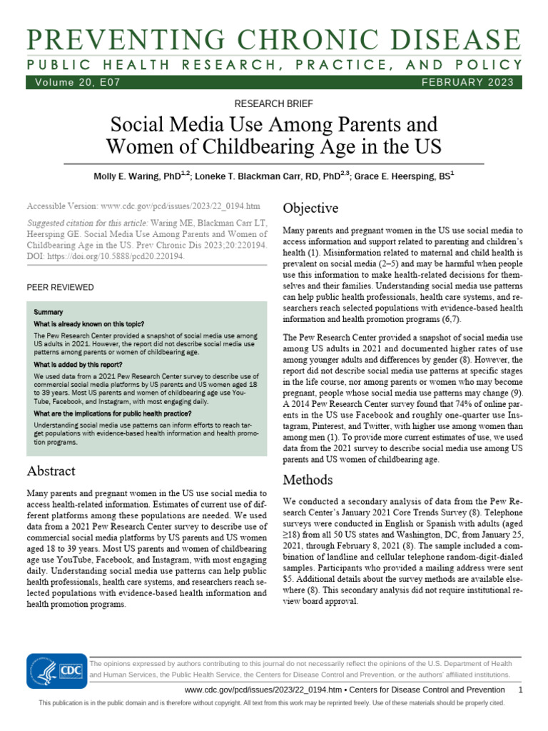 Preventing Chronic Disease: Social Media Use Among Parents and Women of ...