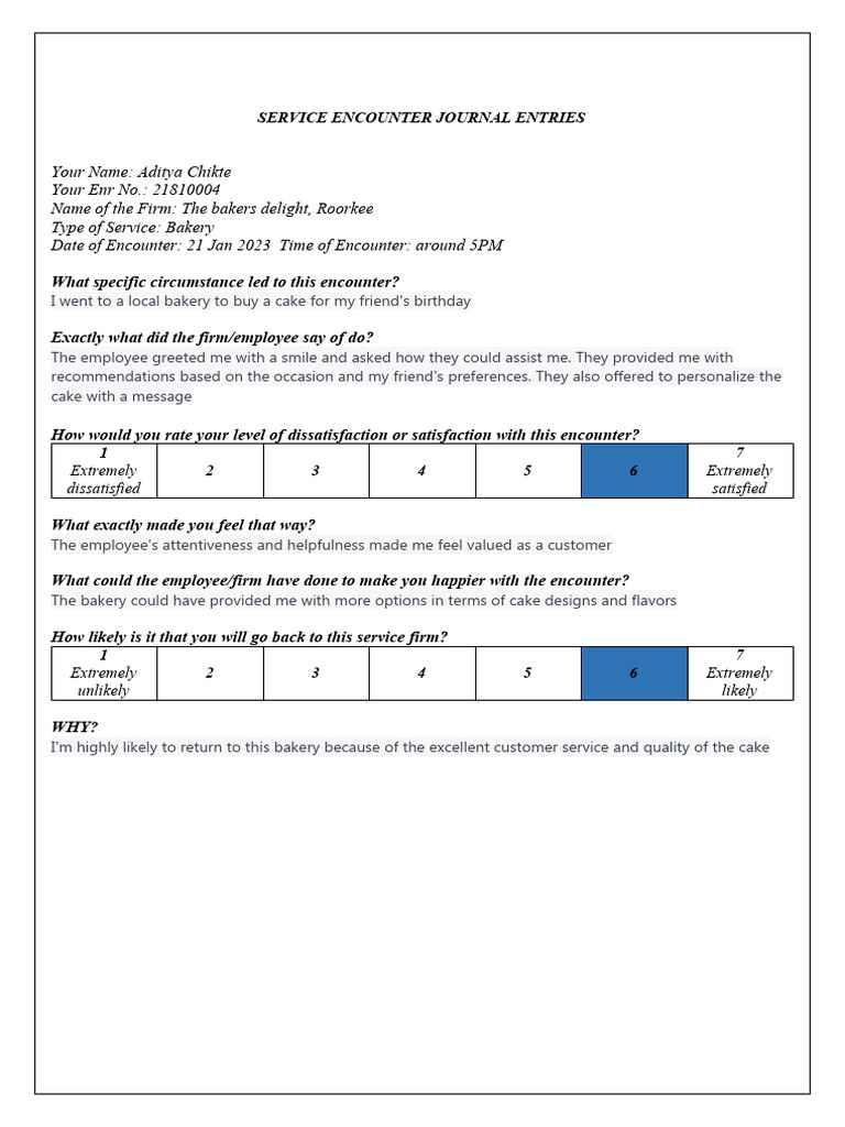 Service Encounter Journal - Assessment | PDF | Restaurants | Waiting Staff