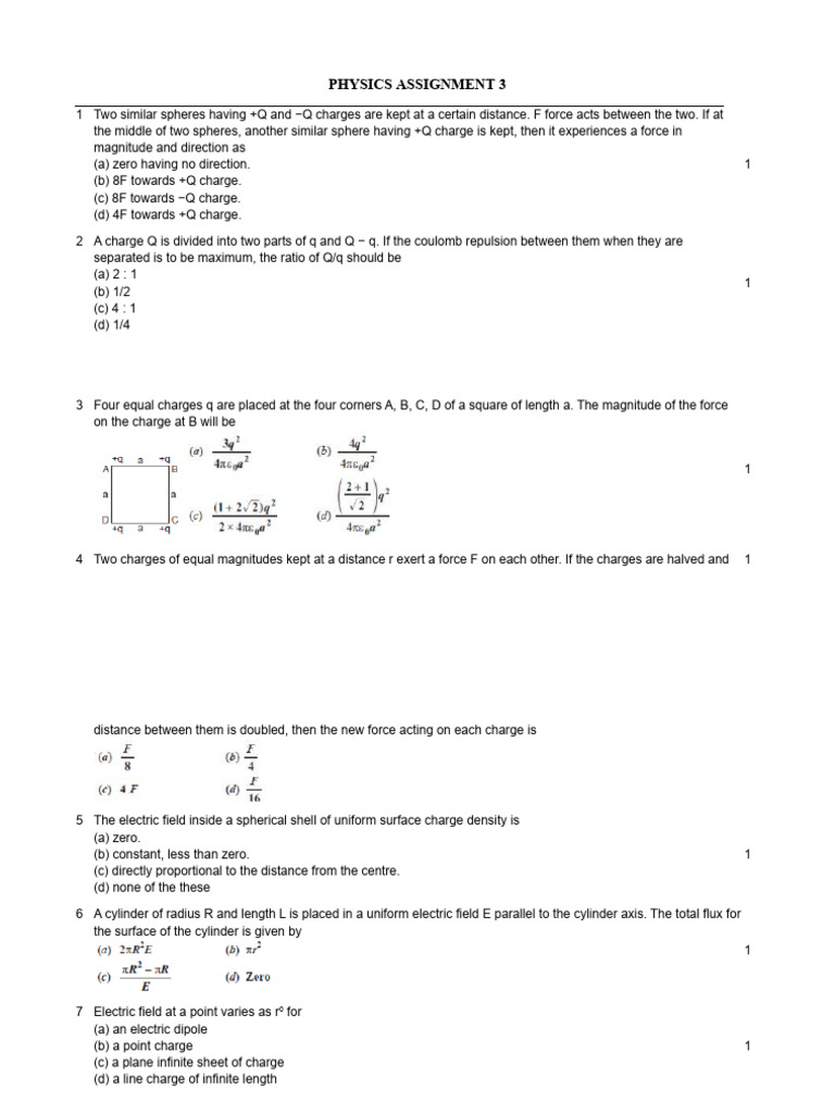 Physics ELECTROSTATICS Assignment 3 | PDF | Electric Field | Force