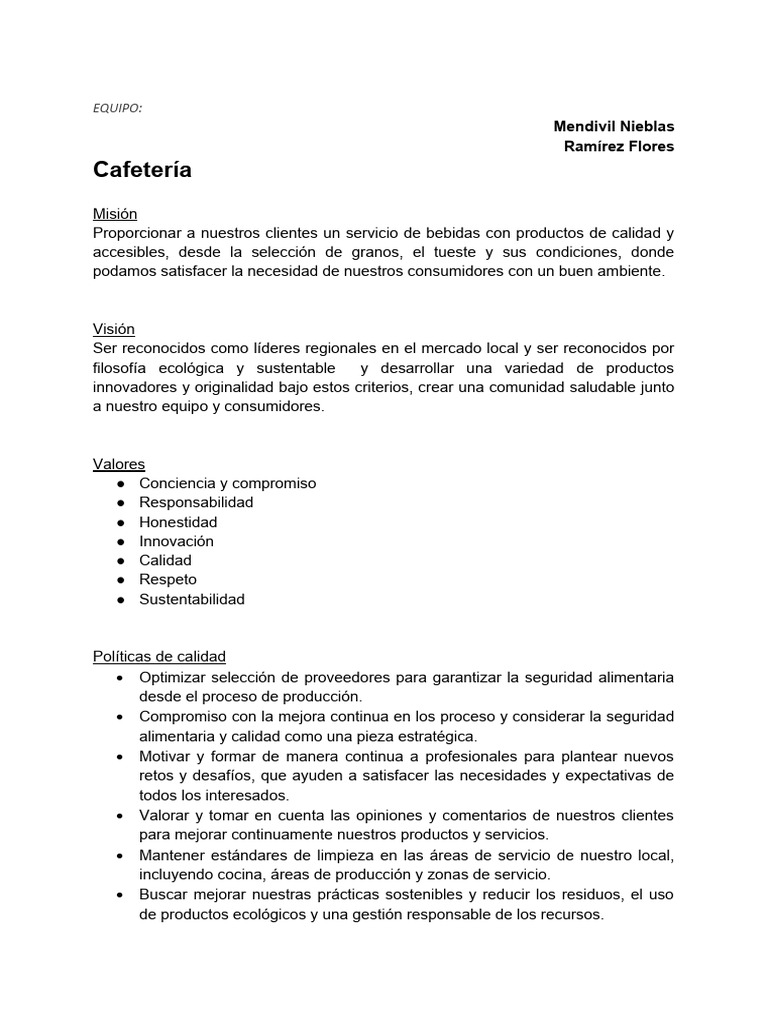 MISIÓN, VISIÓN Y VALORES DE UNA CAFETERÍA Y REPOSTERÍA FINA OG (2 ...