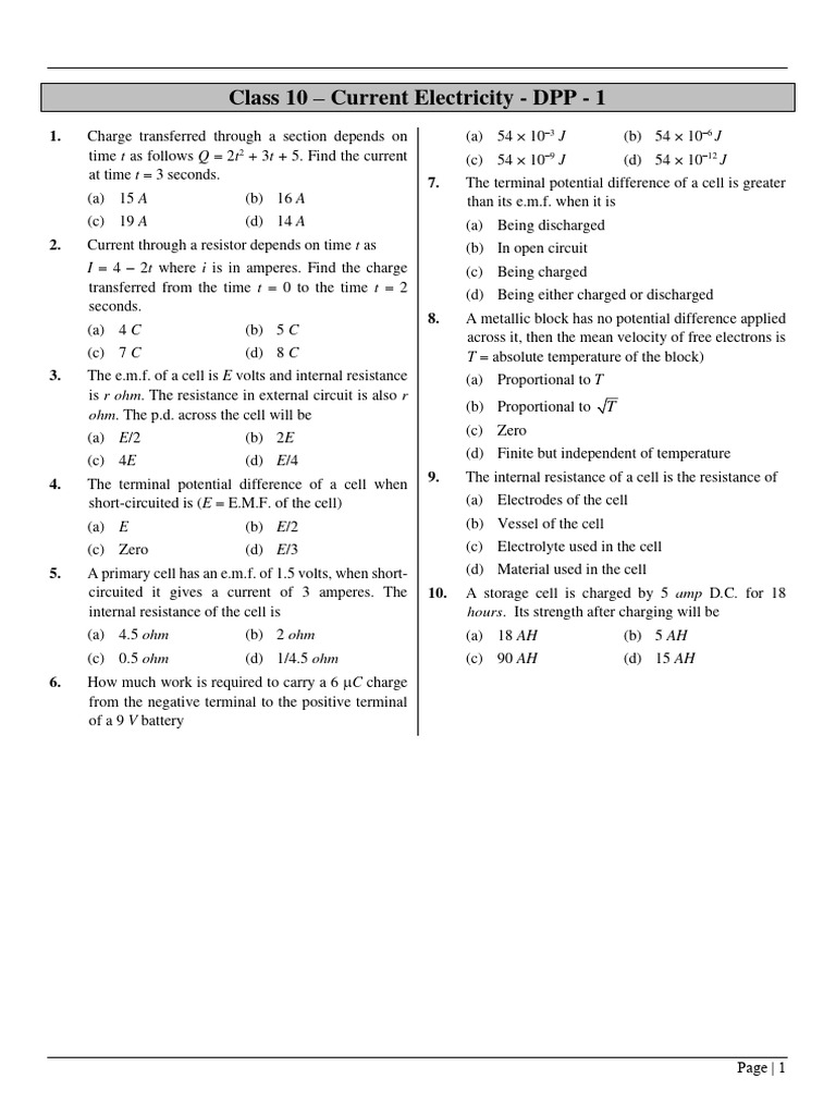 Class X - Current Electricity - DPP (1-10) - Merged File | PDF | Electric Current | Electrical ...