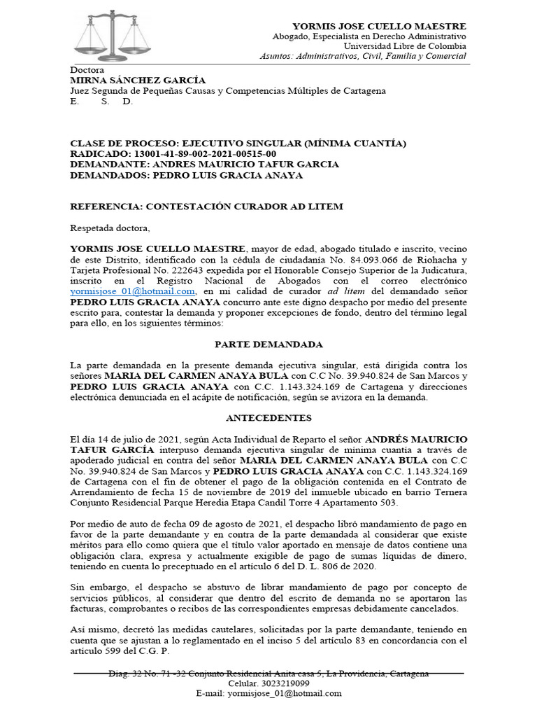 CONTESTACION DEMANDA CURADOR AD LITEM EJECUTIVO SINGULAR RAD 002-2021 ...