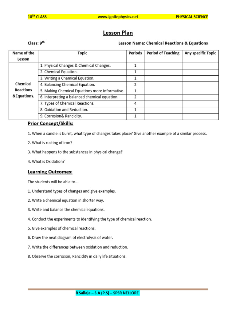 Chemical Reactions and Equations (Lesson Plan) | Download Free PDF ...
