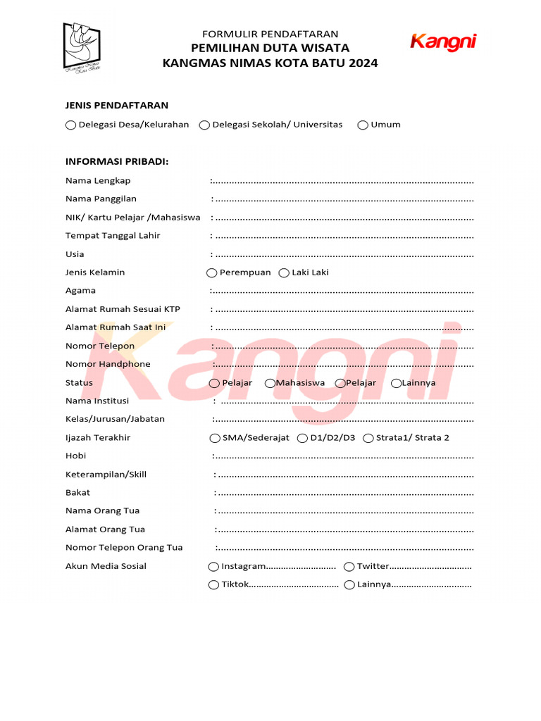 FORMULIR PENDAFTARAN DUTA WISATA KANGMAS NIMAS KOTA BATU 2024 (Dicetak A4) | PDF | Karier ...