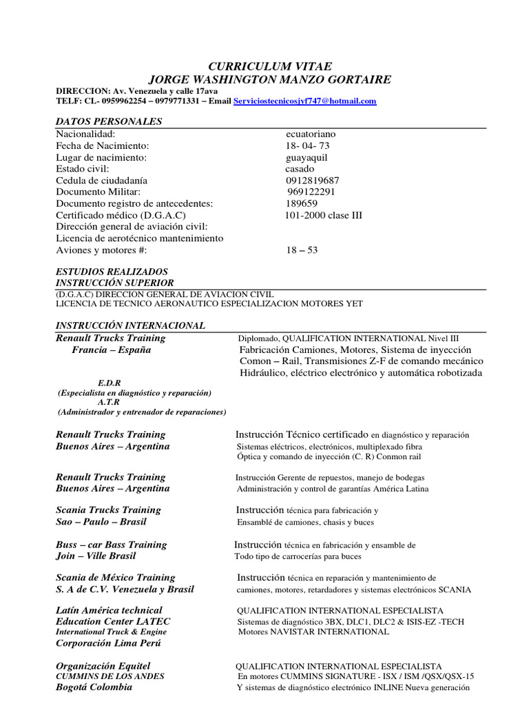Cv. Jorge Manzo Actualizado-1 | PDF | Camión | Vehículo de motor