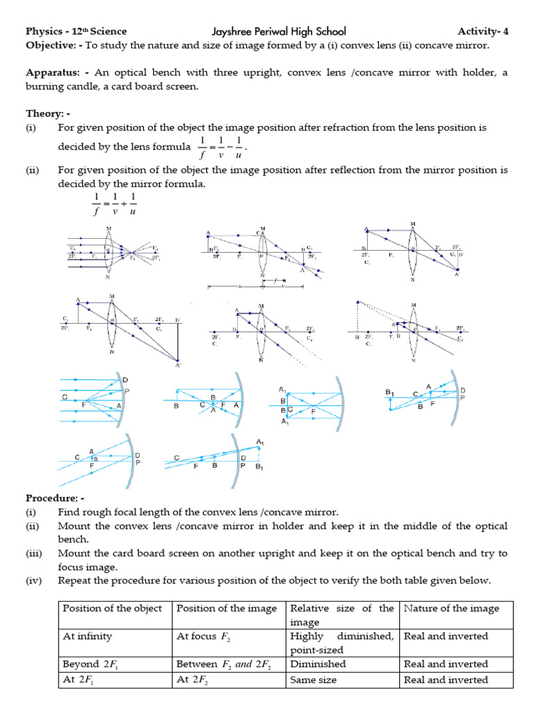 12 Science Physics Activity - 4 | PDF | Equipment | Lenses