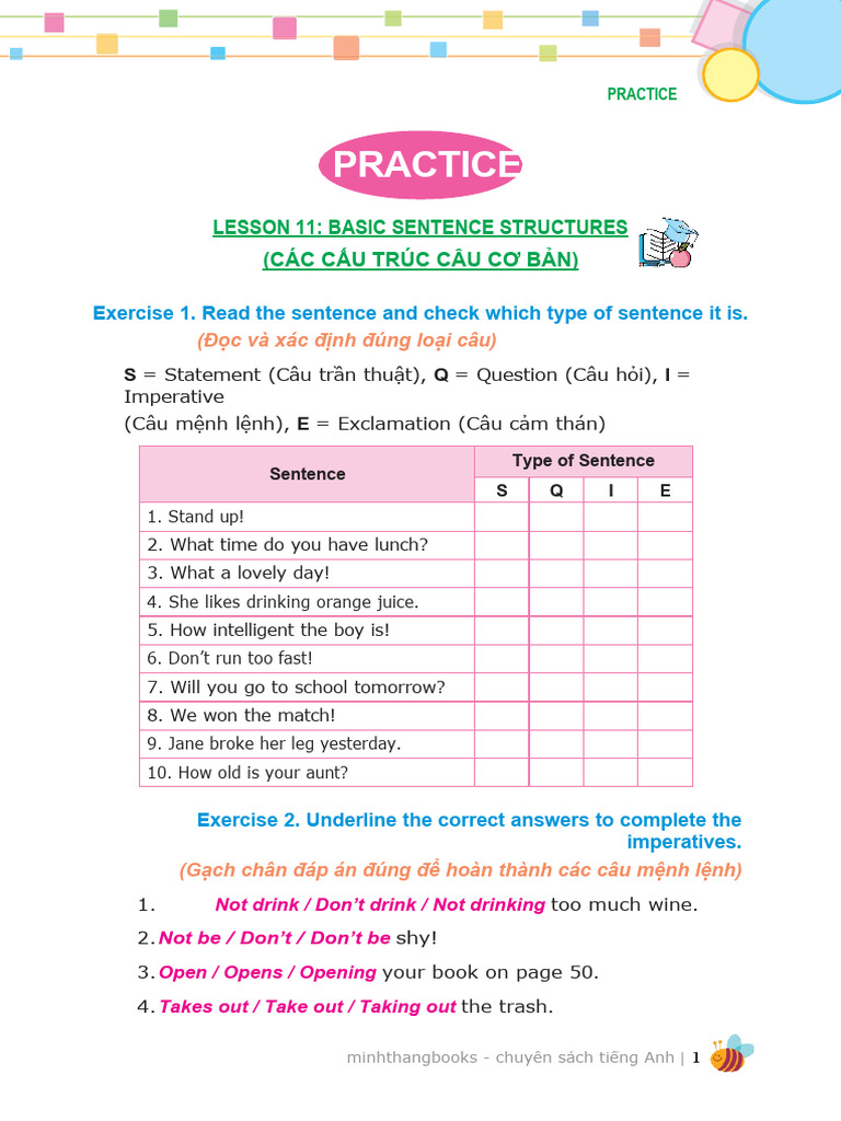 BASIC SENTENCE STRUCTURES - BÀI TẬP | PDF