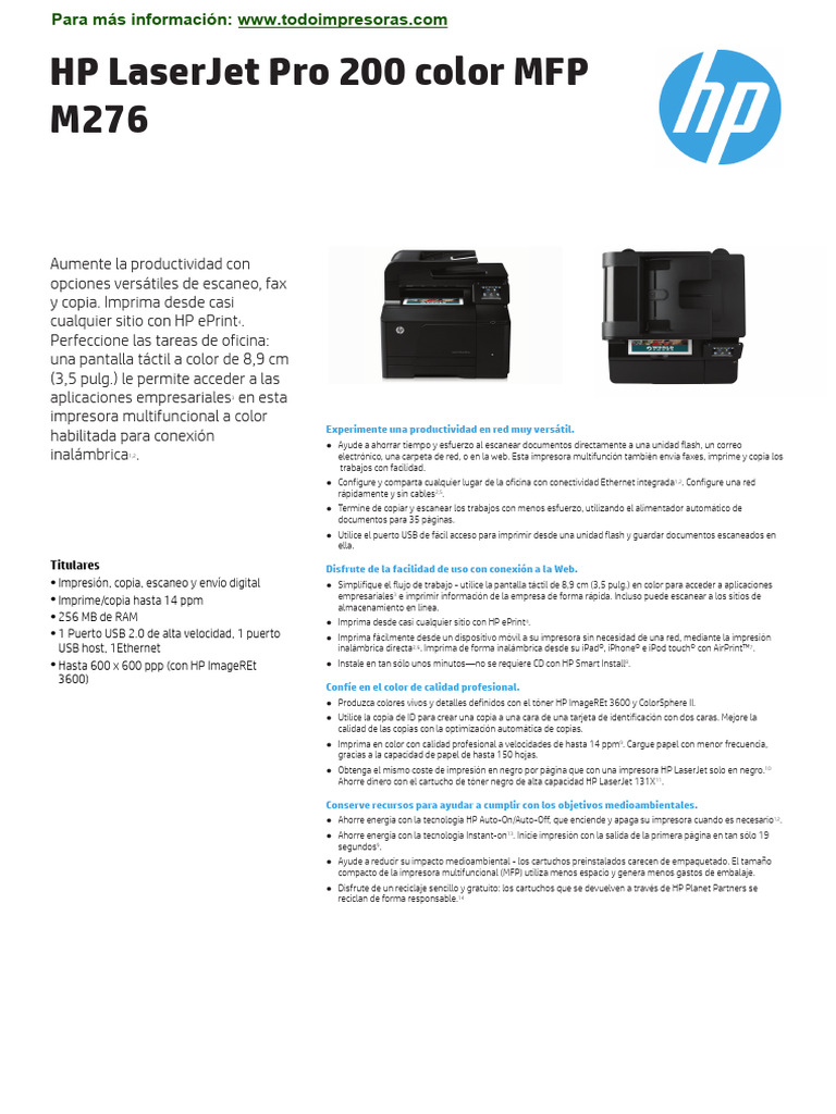 Caracteristicas Impresora HP Laserjet Pro m276 | PDF | Impresora ...