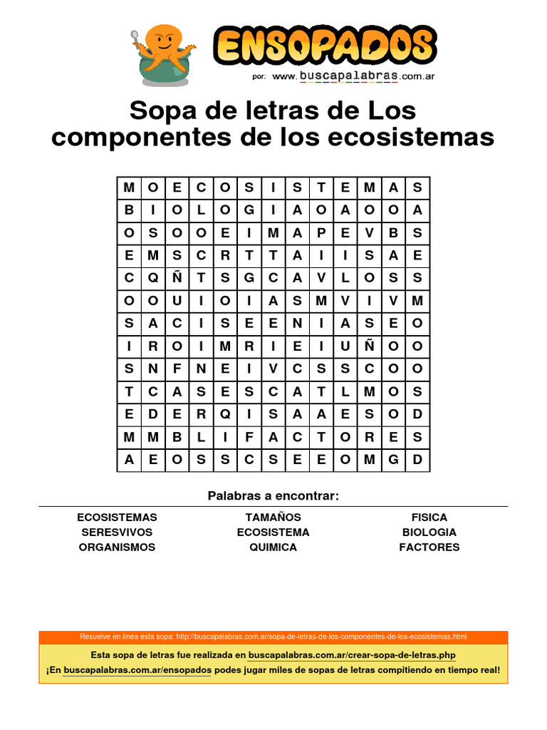 Sopa de Letras de Los Componentes de Los Ecosistemas | PDF