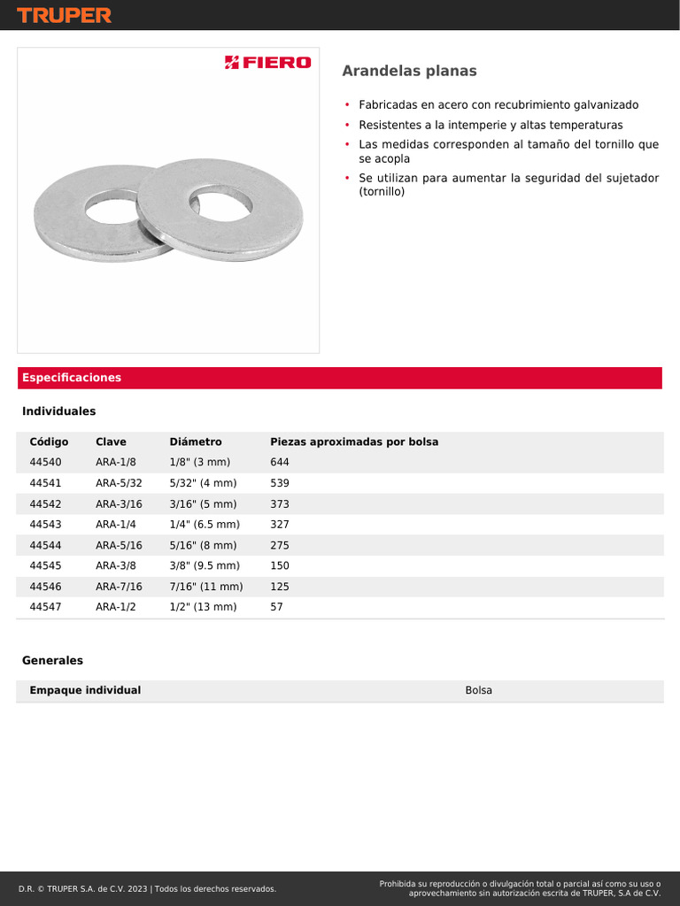 Ficha Técnica - Arandelas Planas | PDF