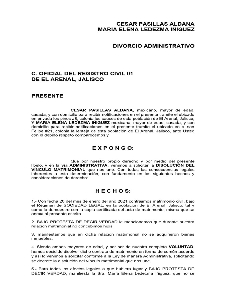 Solicitud De Divorcio Administrativo Pdf Divorcio Matrimonio
