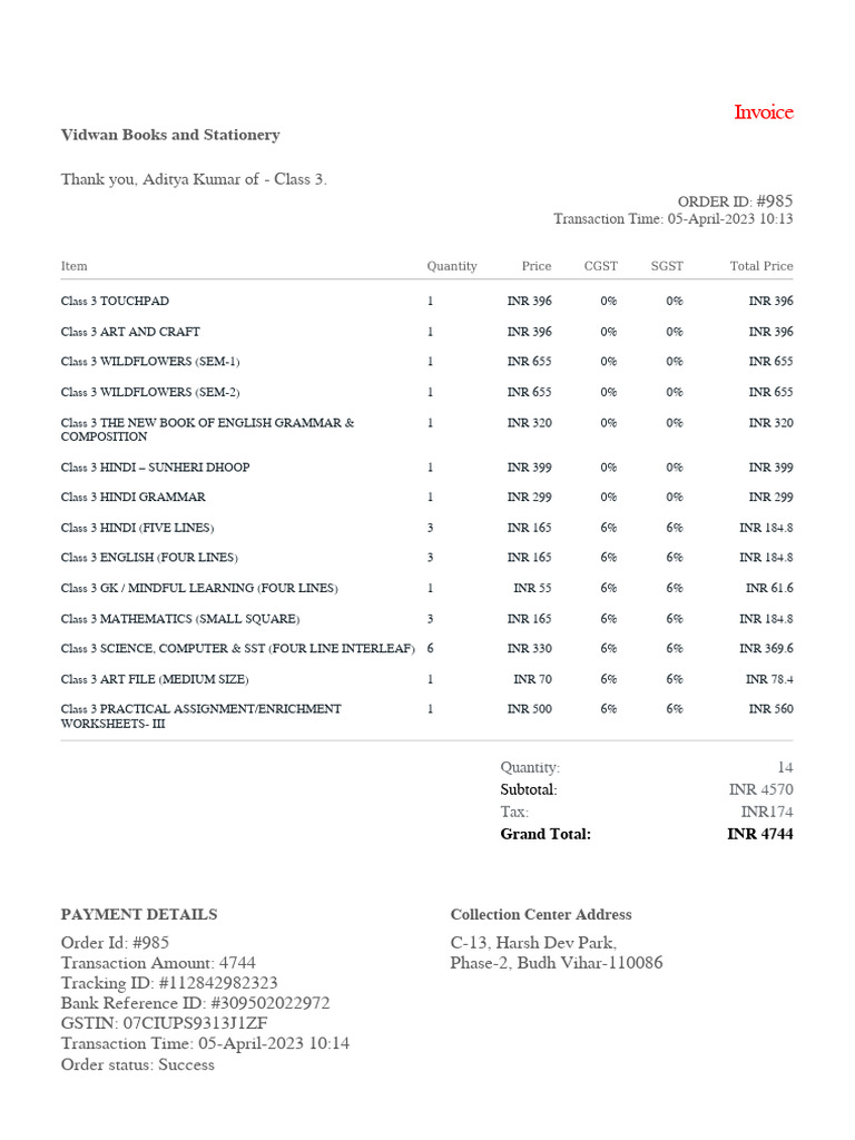 Class 3 Book Purchase Invoice | PDF | Taxes | Payments