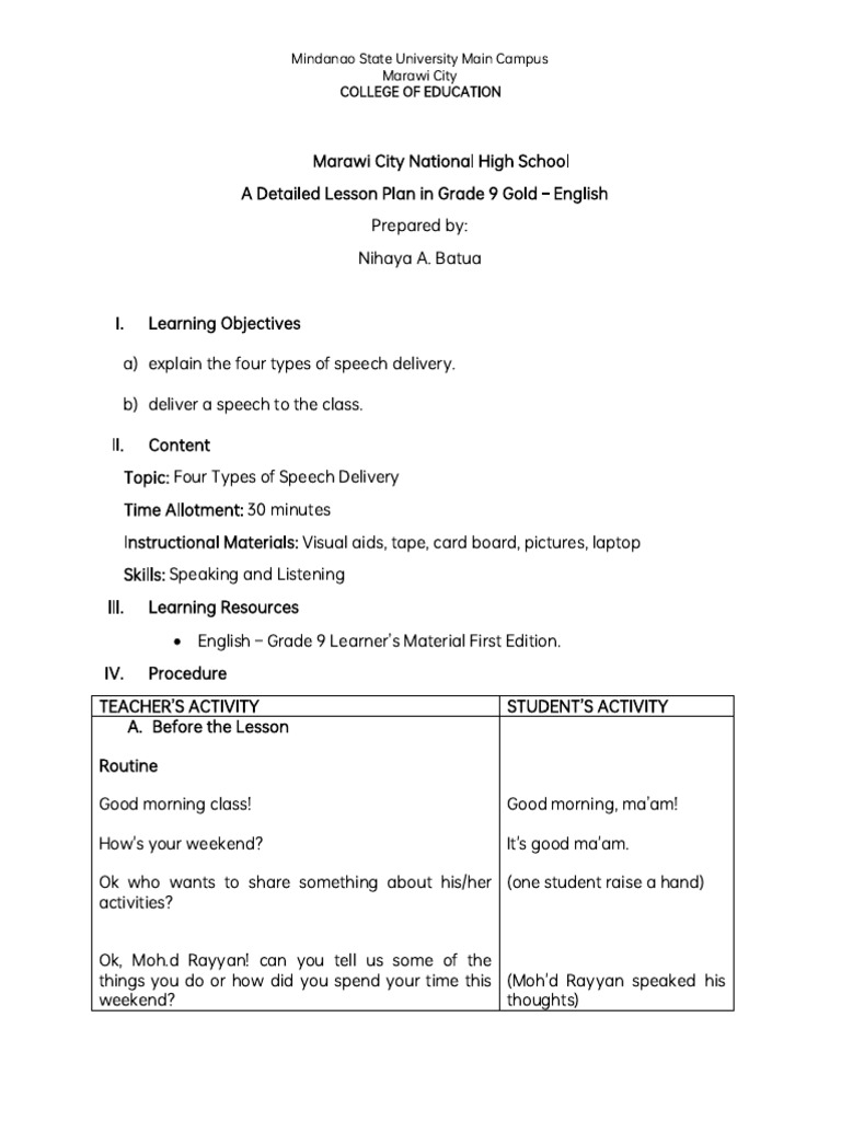 A Detailed Lesson Plan in Grade 9 Demo | PDF | Clause | Public Speaking