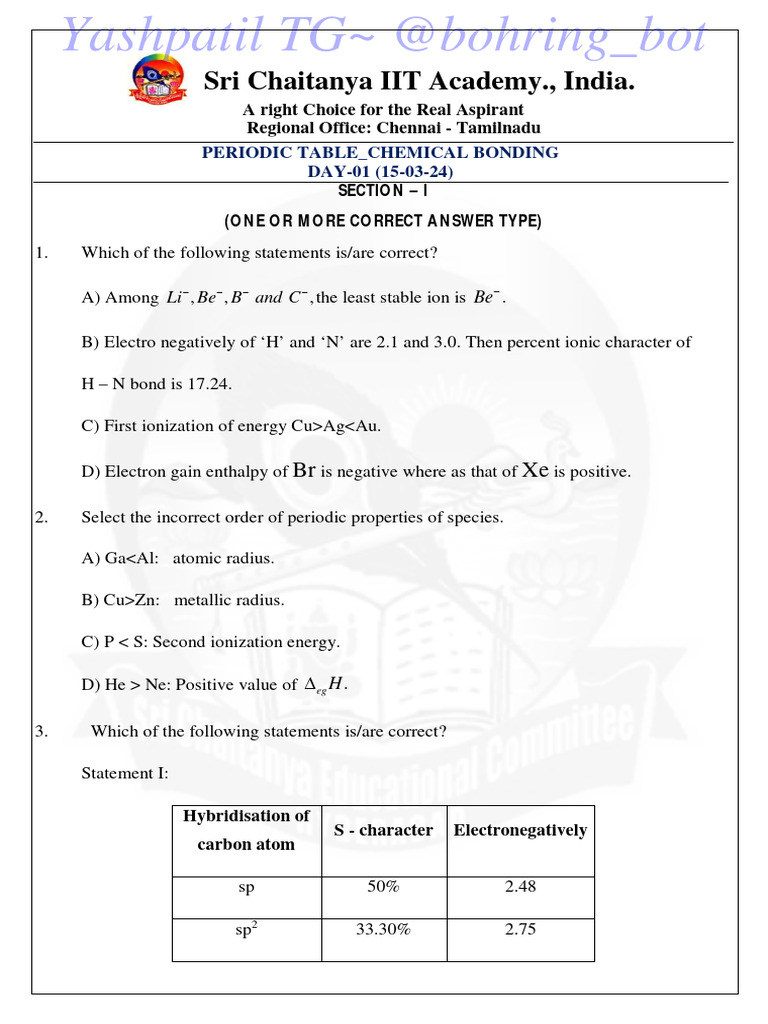 @bohring Bot × @JEE Tests PERIODIC TABLE CHEMICAL BONDING DAY 01 ...