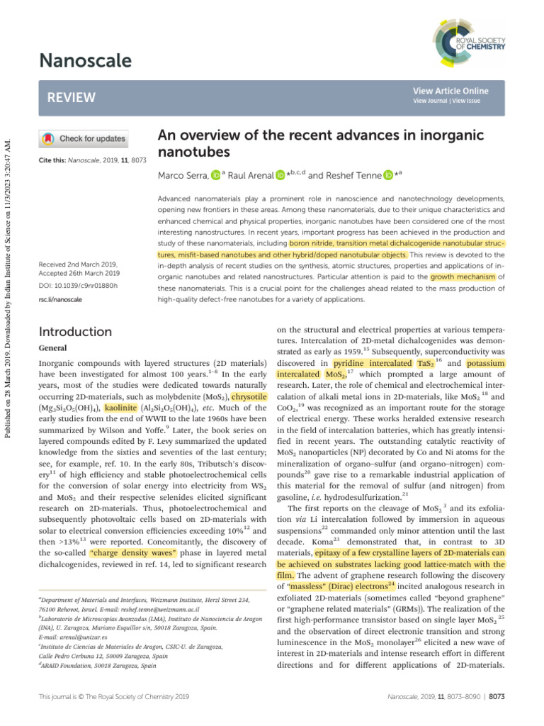 Inorganic Nanotube Advances | PDF | Carbon Nanotube | Nanotechnology