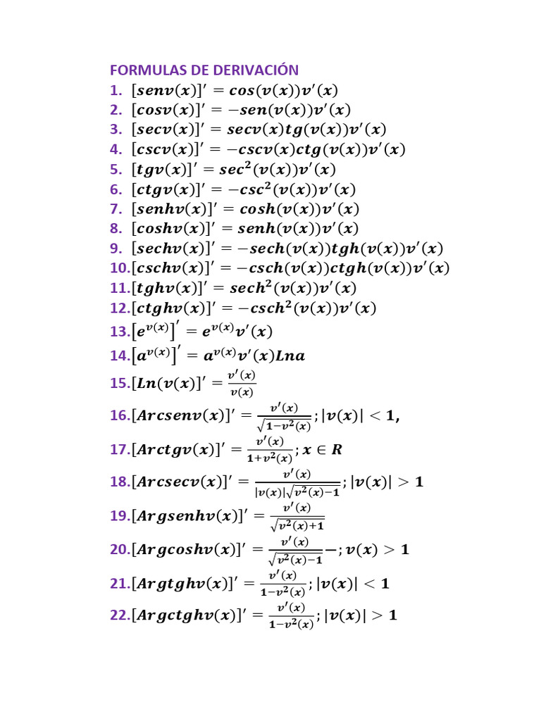 Formulas de Derivación de Funciones Trascendentes | PDF | Métodos y ...