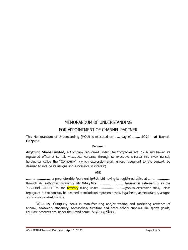 MOU Channel Partner | Download Free PDF | Trademark | Intellectual Property