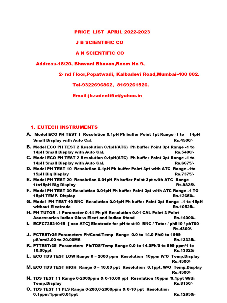 JB PRICE LIST APRIL 2022 New | PDF | Ph | Probability And Statistics