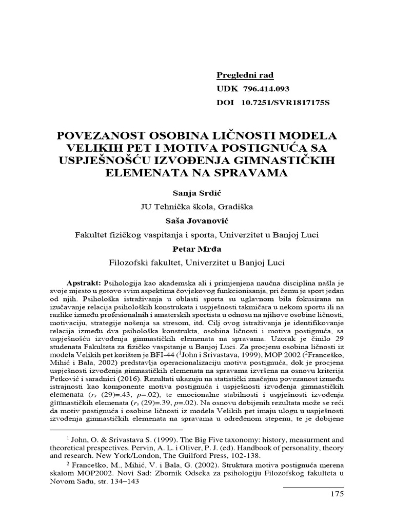 Sanja Srdic Sasa Jovanovic Petar Mrda POVEZANOST OSOBINA LICNOSTI ...