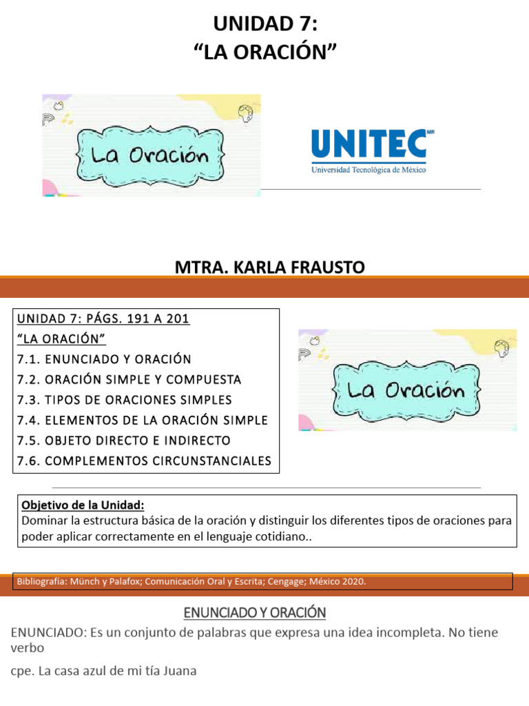 Unidad 7 La Oración | PDF | Asunto (gramática) | Predicado (Gramática)