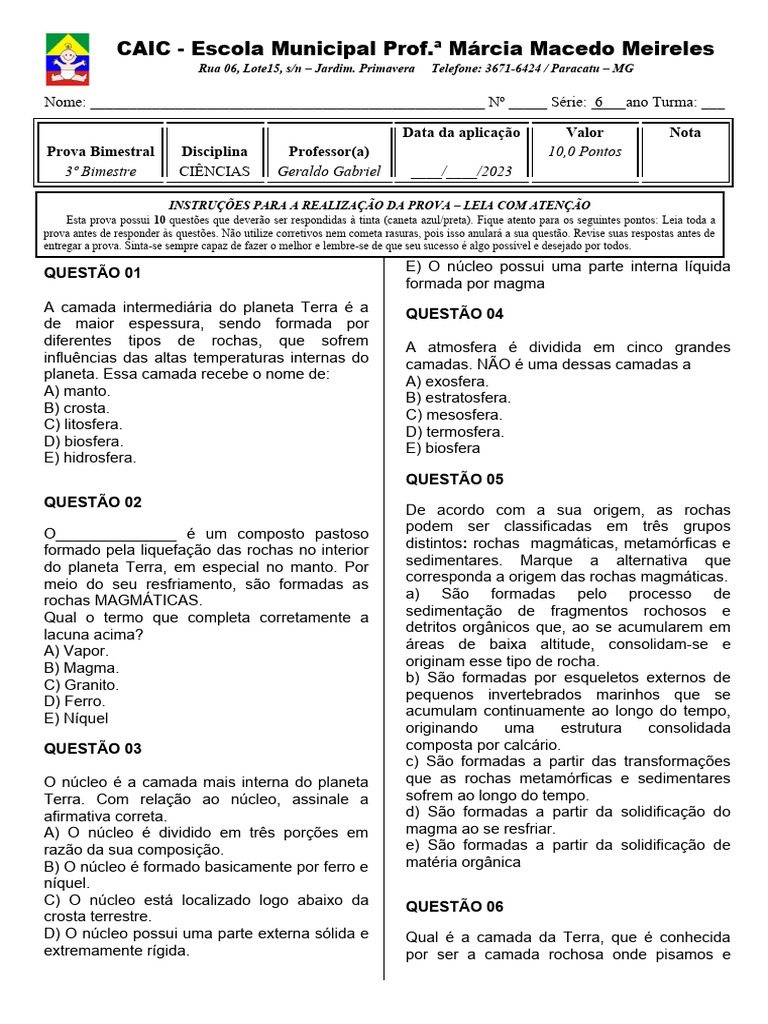 Modelo de Prova - CAIC 6ano 1 e 2 Prof-GERALDO | PDF | Terra | Rochas (Geologia)