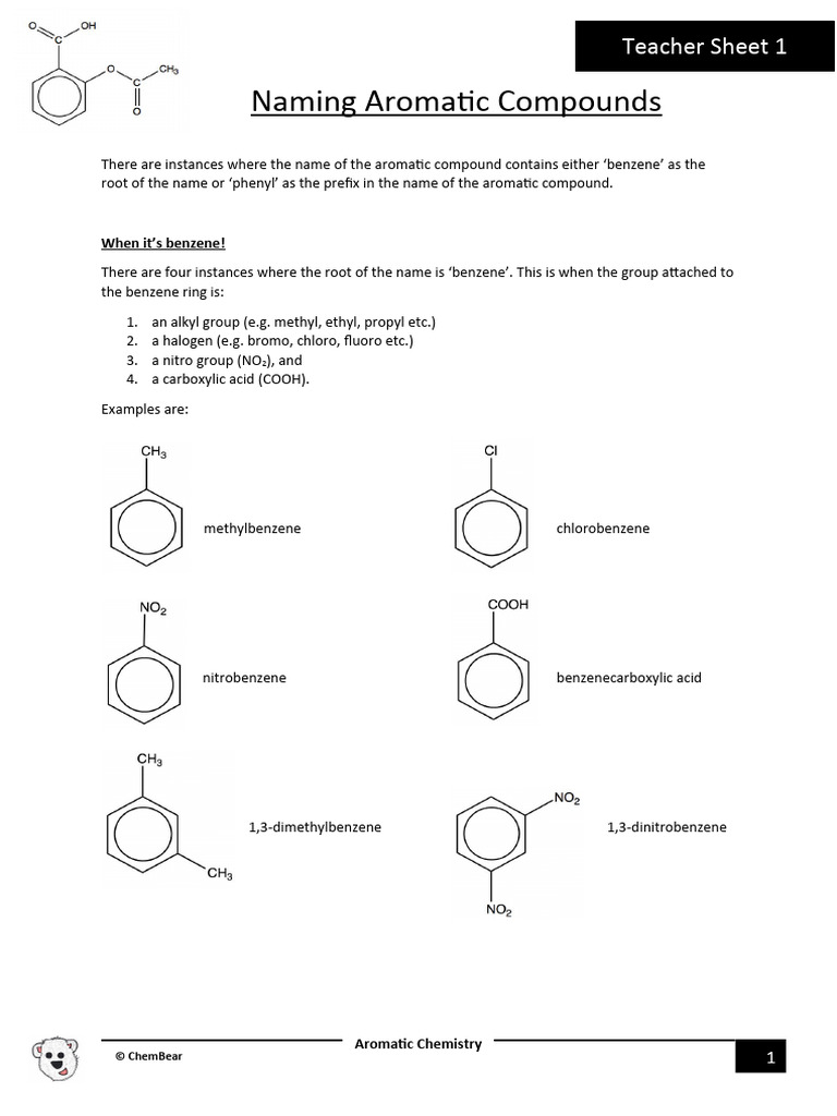 Naming Aromatic Compounds 1 Teacher Sheet | PDF | Benzene | Ester