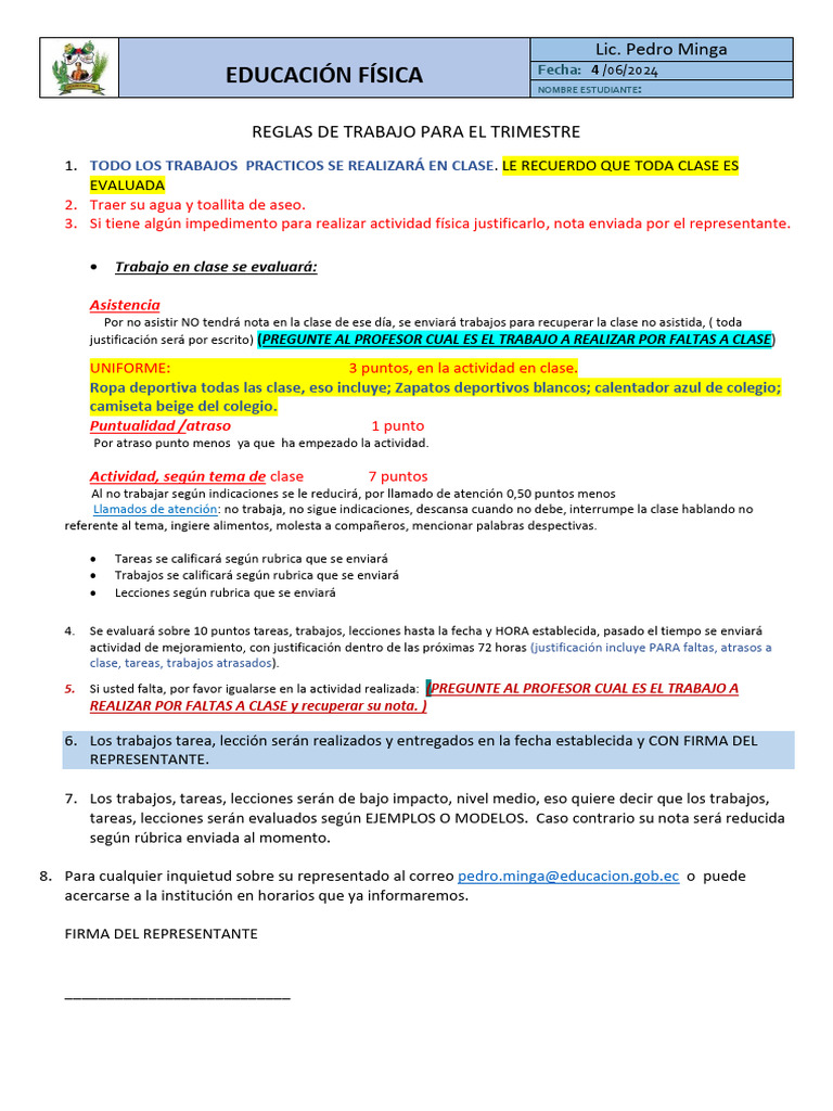 REGLAS DE TRABAJO EEFF. 2024-1 | PDF