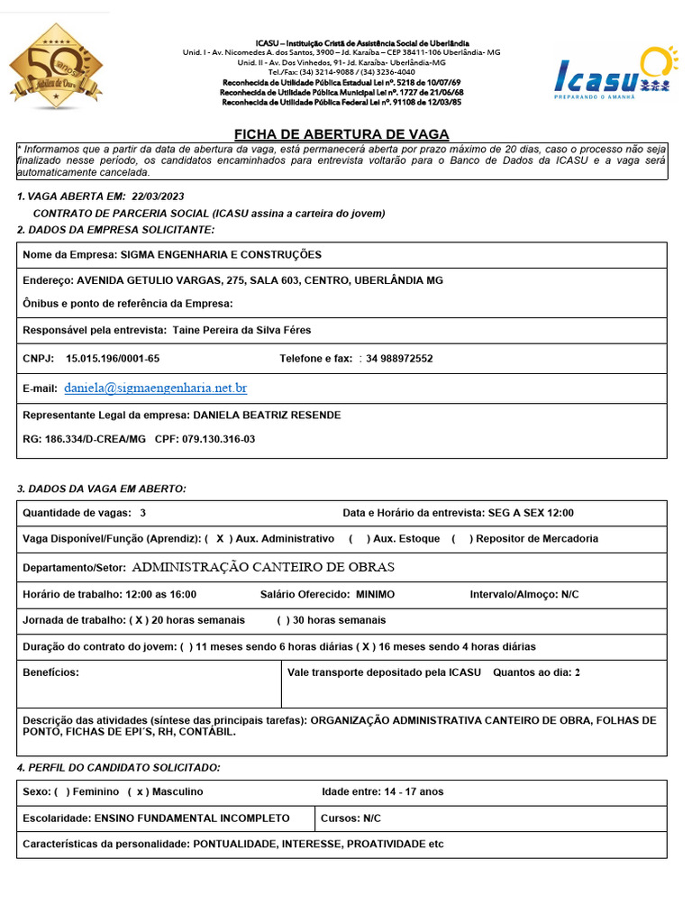 Ficha de Abertura de Vaga | PDF