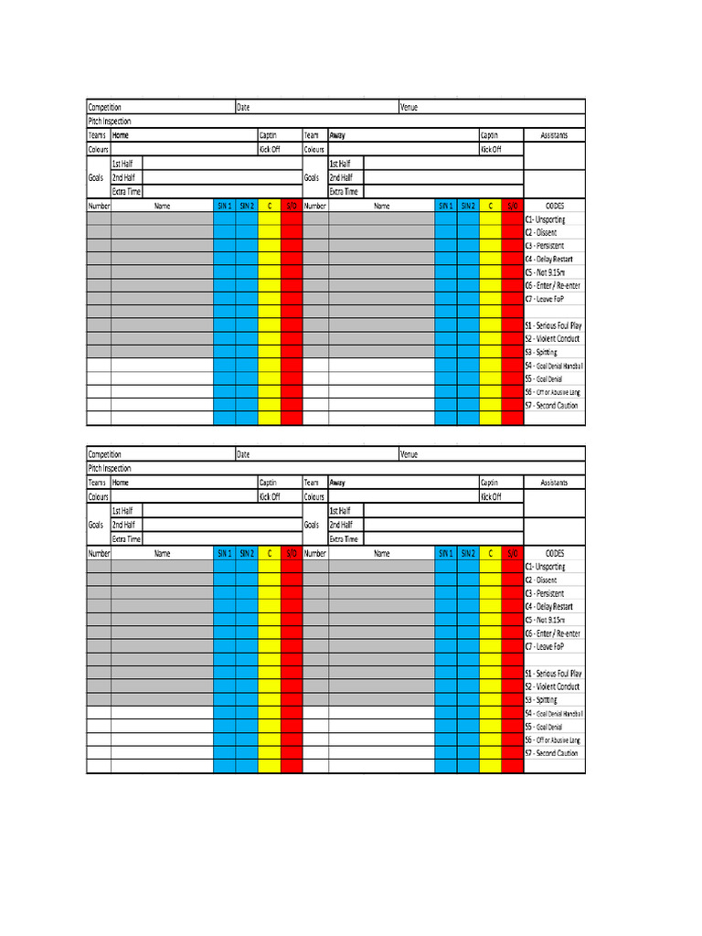 Match Record Card With Sinbin | PDF