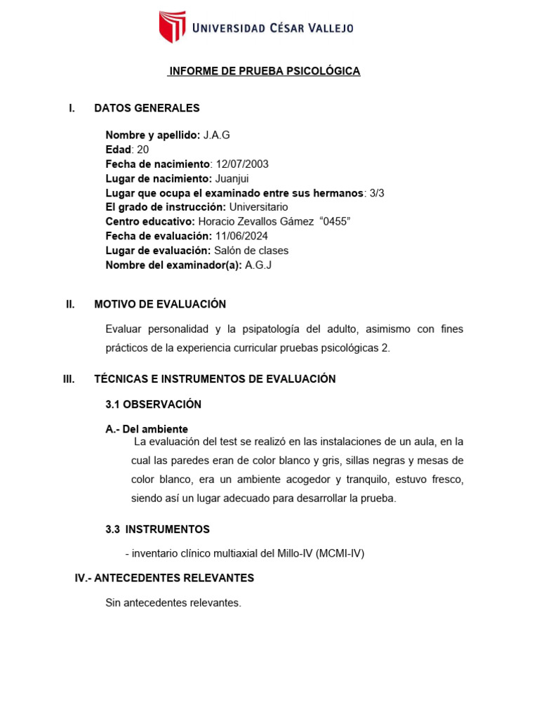 Informe Test Millon-Iv | PDF | Cognición | Psicología Social