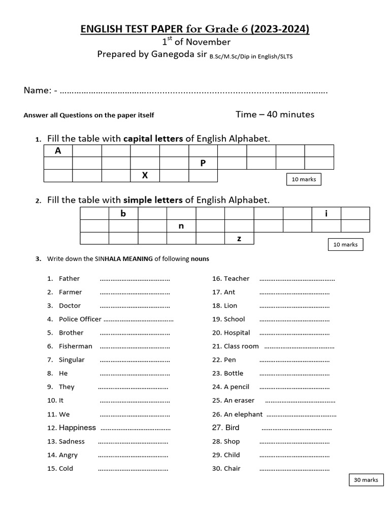 English Test Paper Grade 6 2023 | PDF | Linguistic Typology | Grammar