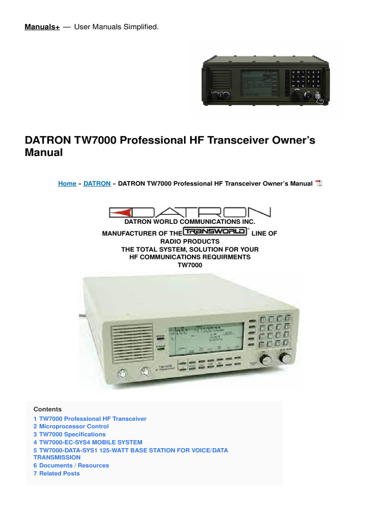 DATRON TW7000 HF Transceiver Manual | PDF | High Frequency | Power Supply