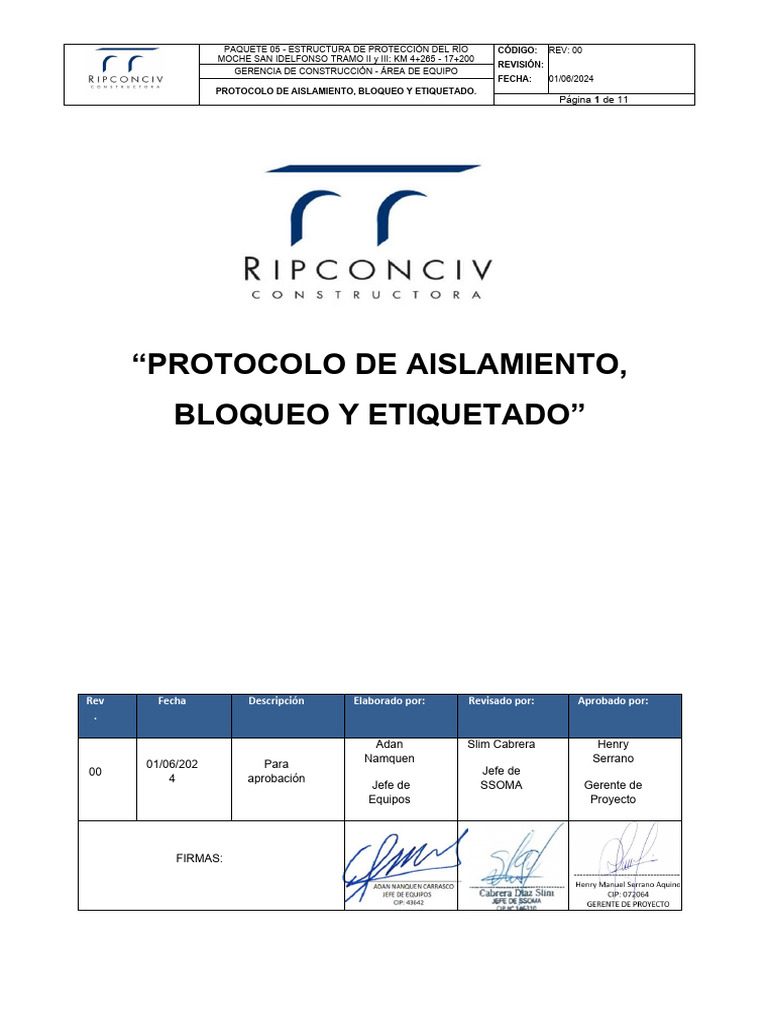 400205-RCC-SSOMA-EQ-PRO-0001 PROTOCOLO DE AISLAMIENTO, BLOQUEO Y SEÑALIZACION | PDF | Cantidades ...