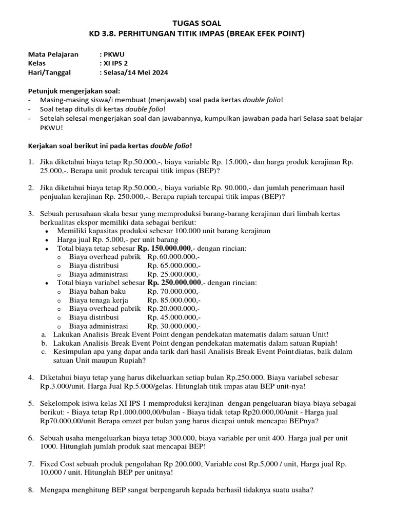 Tugas 2 - Soal Pkwu Kelas Xi Ips 2 - KD 3.8. Titik Impas (Bep) | PDF ...