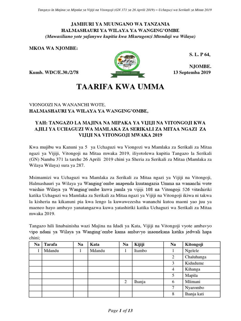 Tangazo La Vijiji Na Vitongoji | PDF