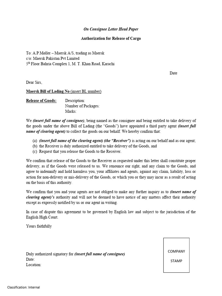 Cargo Release Authorization Form | PDF | Indemnity | Bill Of Lading