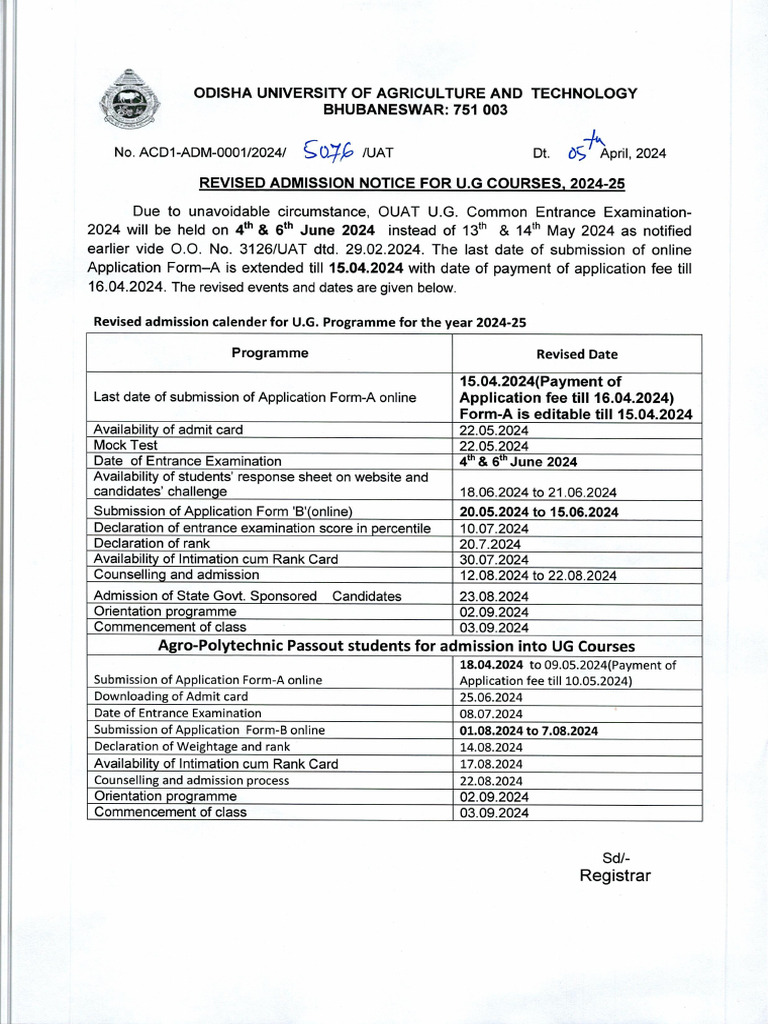 Revised UG Admission Notice | PDF